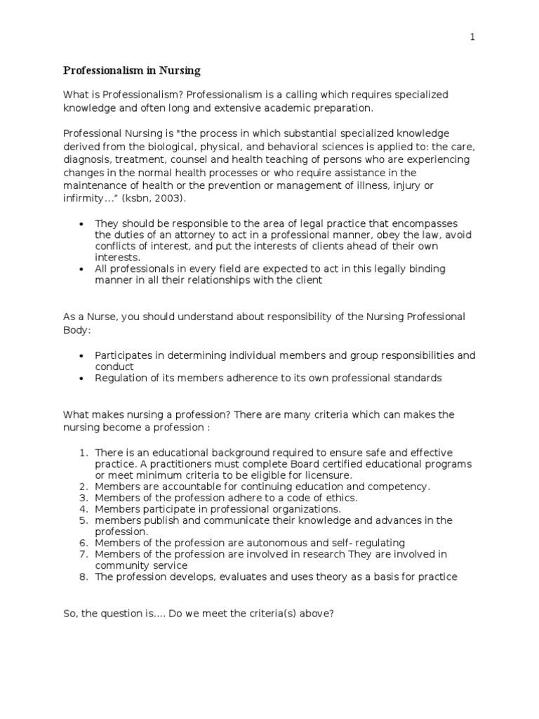 Understanding Professionalism in Nursing | PDF | Profession | Nursing