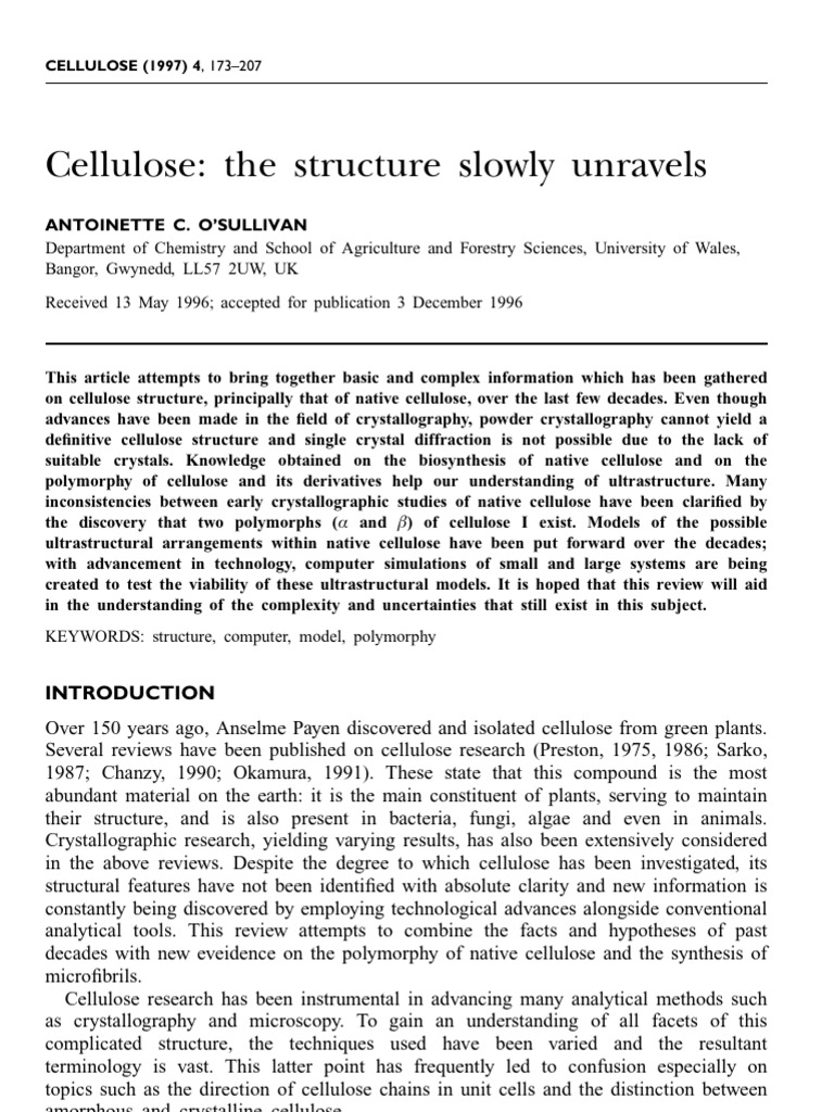 Cellulose - The Structure Slowly Unravels | PDF | X Ray Crystallography ...