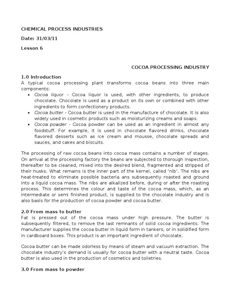 Cocoa Processing | PDF | Chocolate | Cocoa Bean