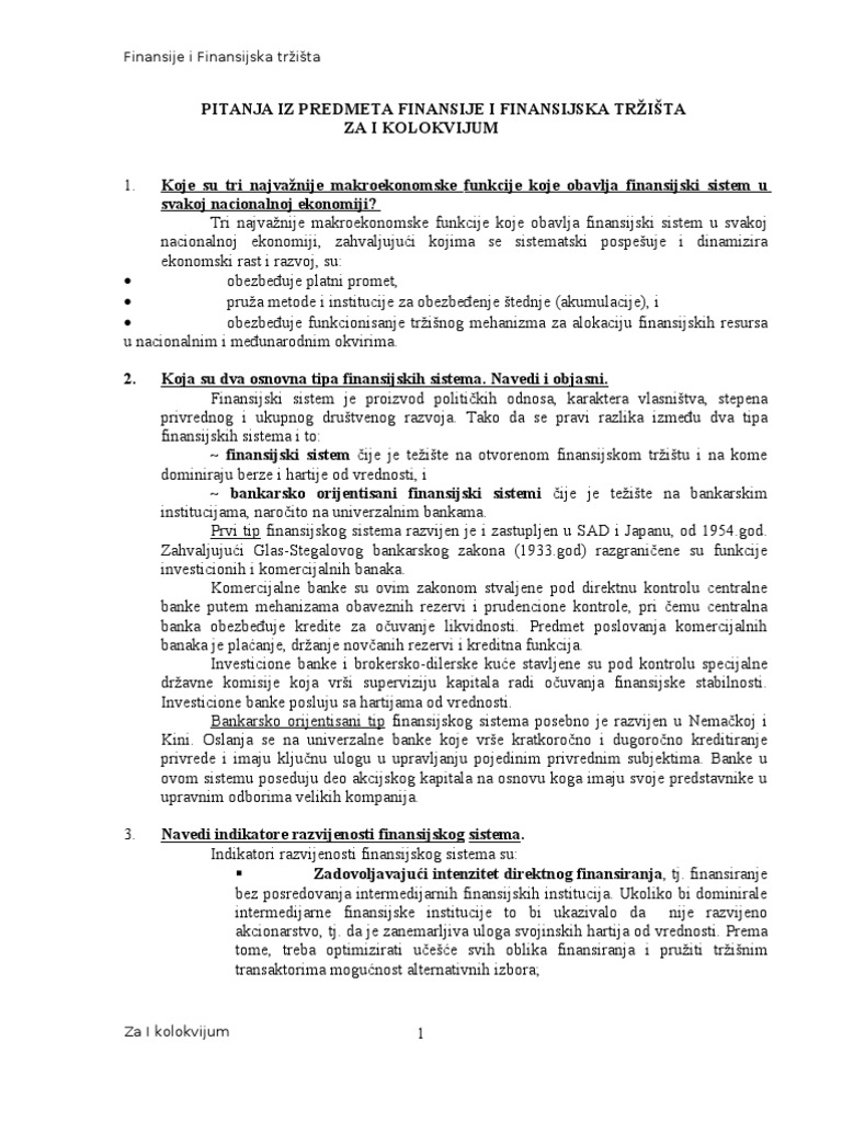 Finansije I Finansijska Trzista 1 Kolokvijum Milenko Dzeletovic | PDF