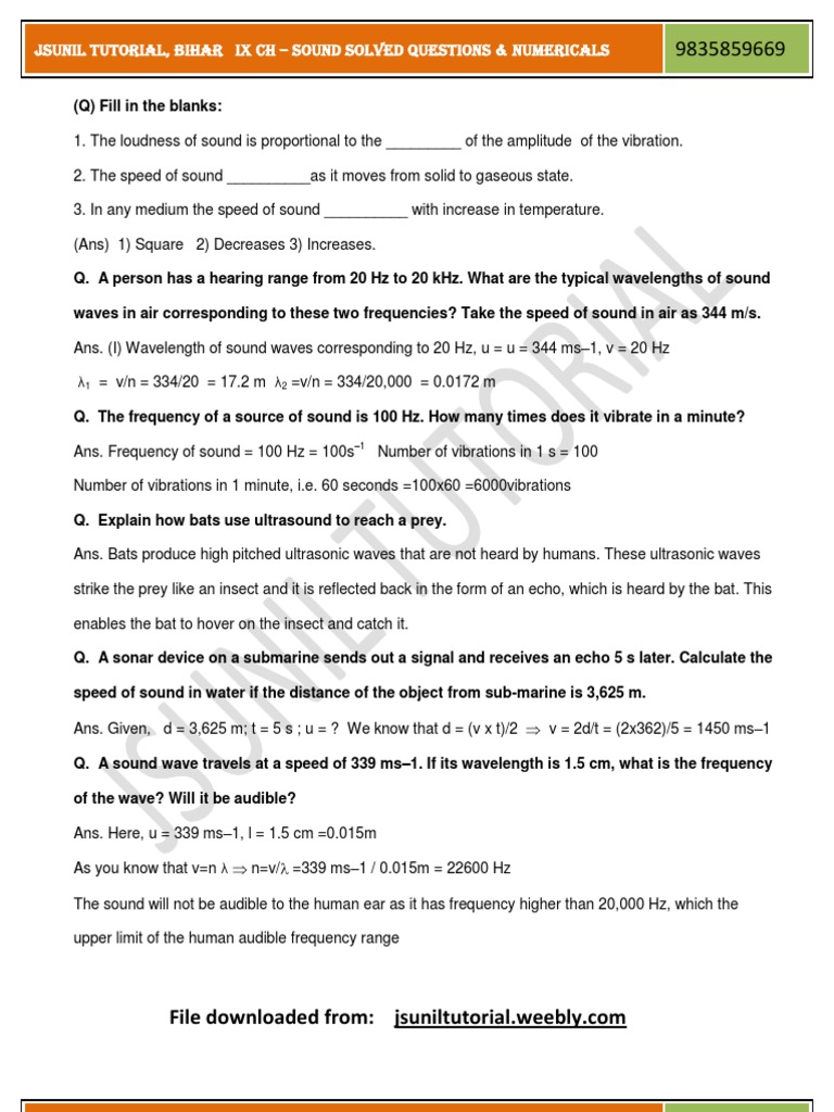 9th CH Sound Solved Questions Numericals | PDF | Sound | Waves