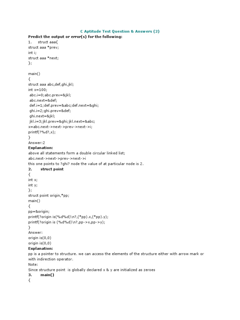 Predict The Output Or Errors For The Following C Aptitude Test Question And Answers Pdf C 