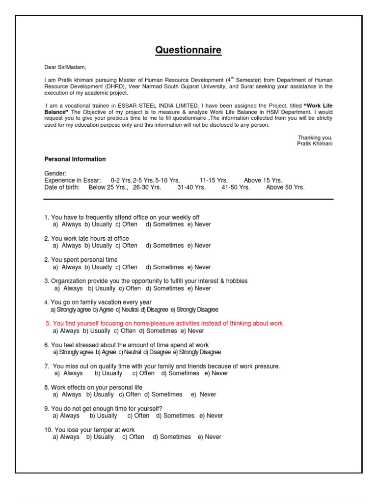 Questionnaire of work life balance | Further Education | Personal Growth