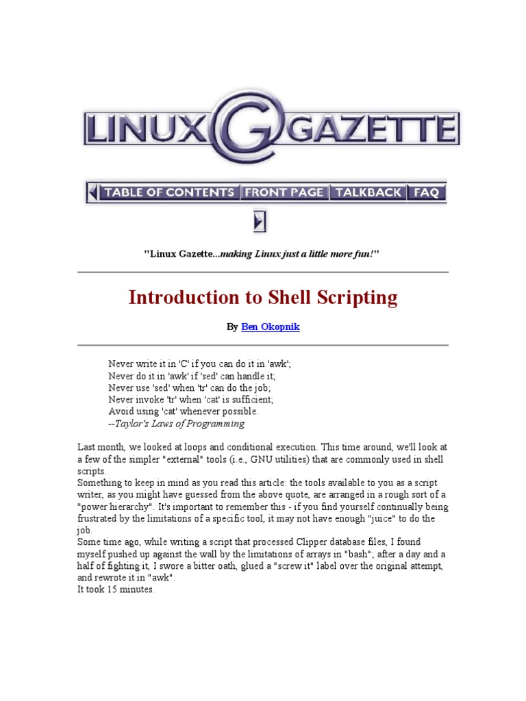 Introduction To Shell Scripting: "Linux Gazette... Making Linux Just A Little More Fun!" | PDF ...