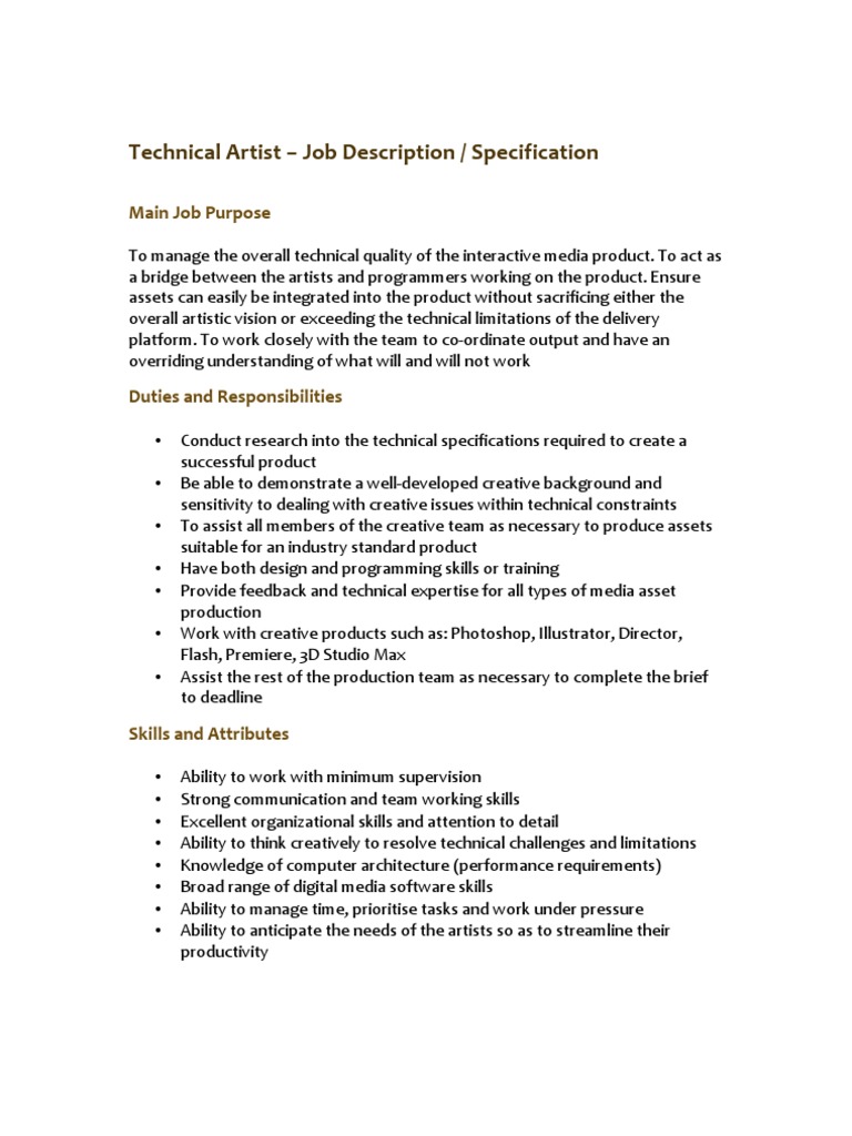 Technical Artist Job - Bridge Creativity and Code | PDF | Business