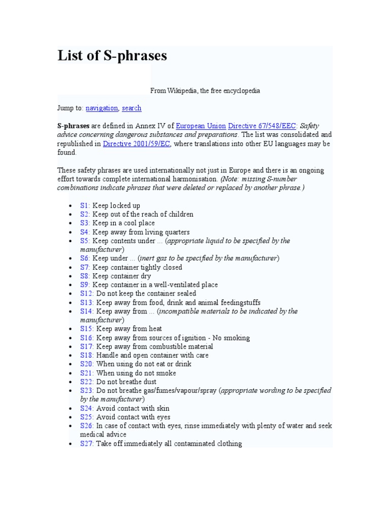 List of S-Phrases and R-Phrases | PDF | Toxicity | Explosive Material
