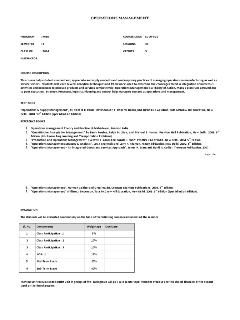 MBA Operations Management Course | PDF | Strategic Management | Inventory