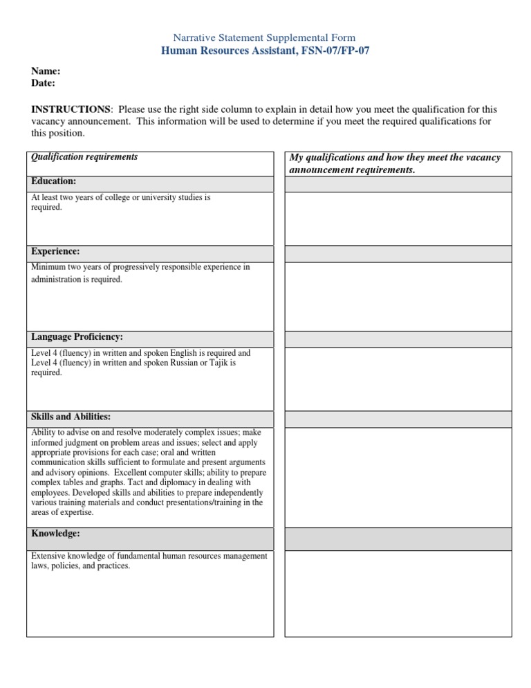 13 01 Narrative Statement Supplemental Form HR Assistant | PDF