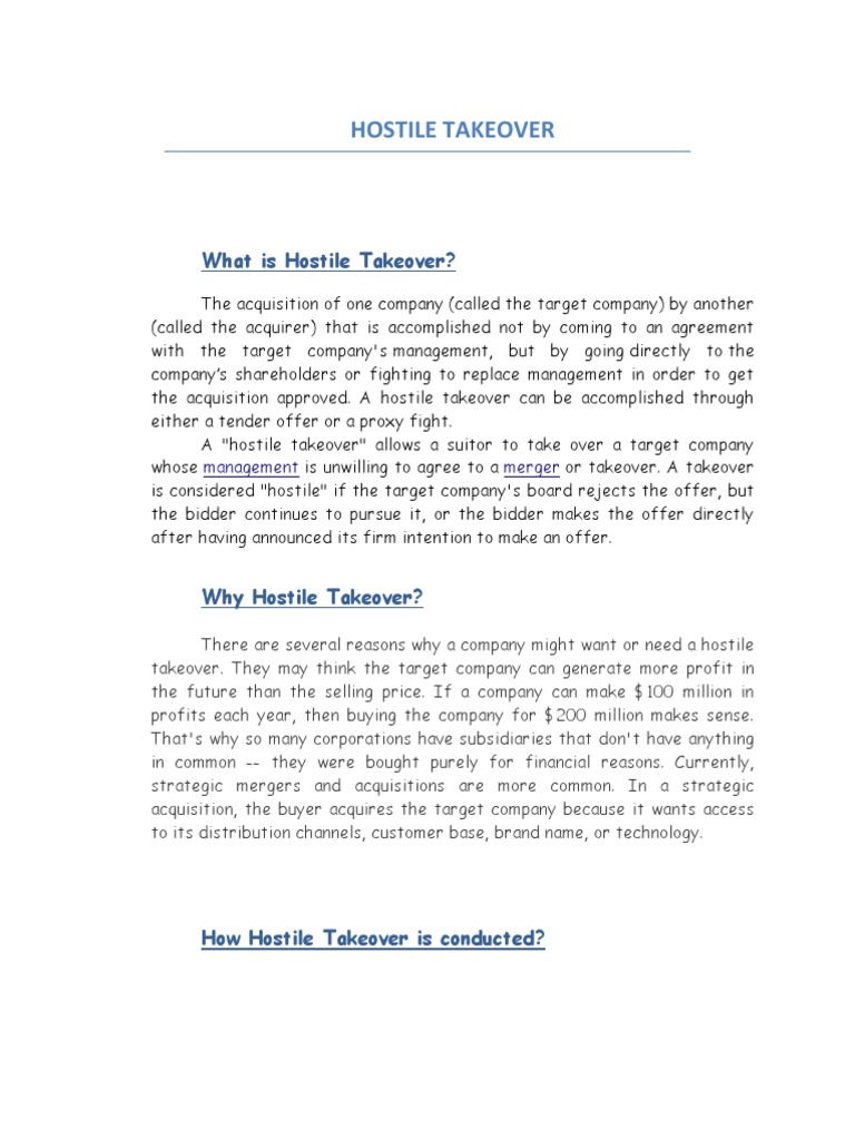 Hostile Takeover | PDF | Takeover | Companies