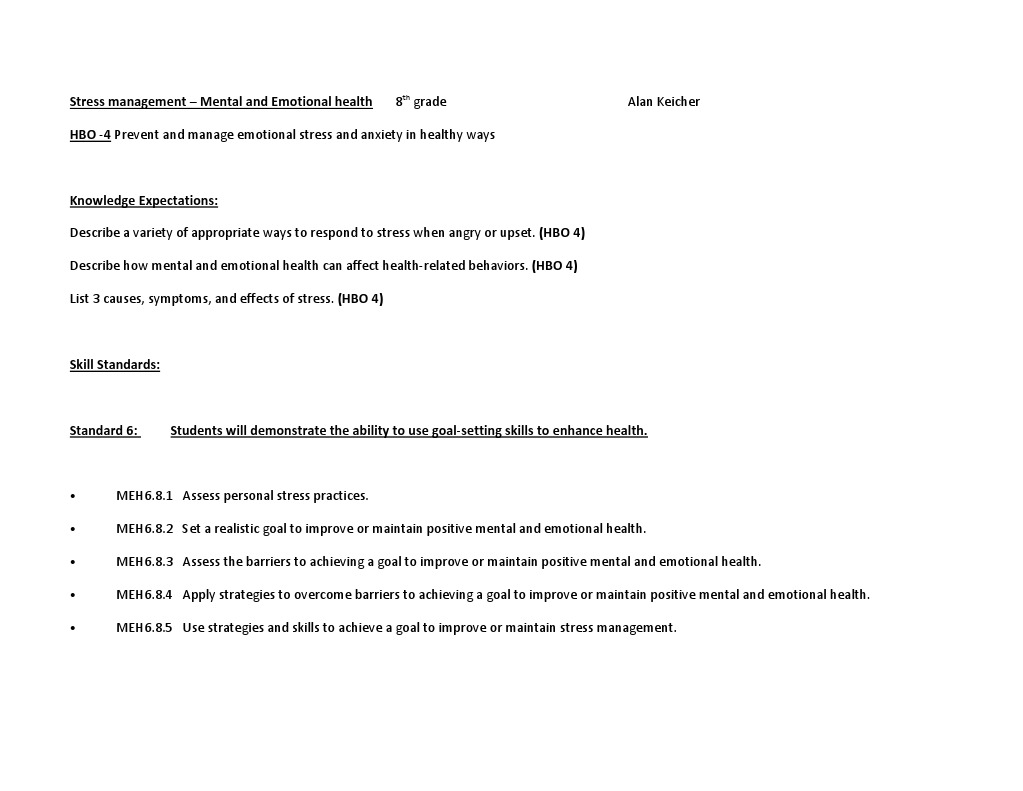 8th Grade Stress Management Plan | PDF | Stress (Biology) | Relaxation ...