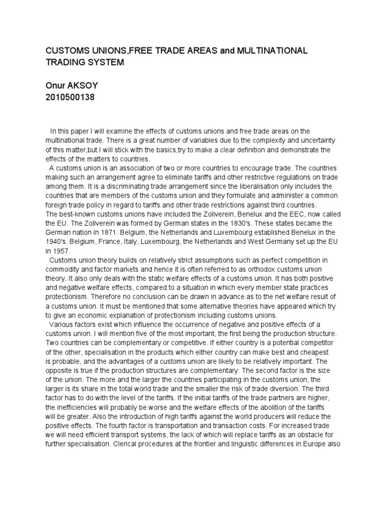 Customs Unions and Free Trade Areas | PDF | Free Trade | General ...