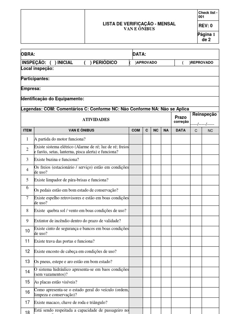 Checklist de inspeção mensal de vans e ônibus com itens de verificação ...