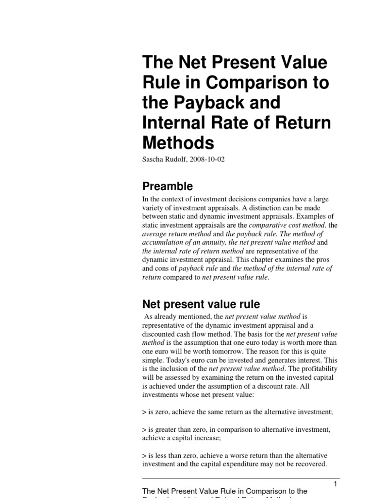 NPV Rule in Comparison To Payback and IRR Methods | PDF | Net Present Value | Internal Rate Of ...
