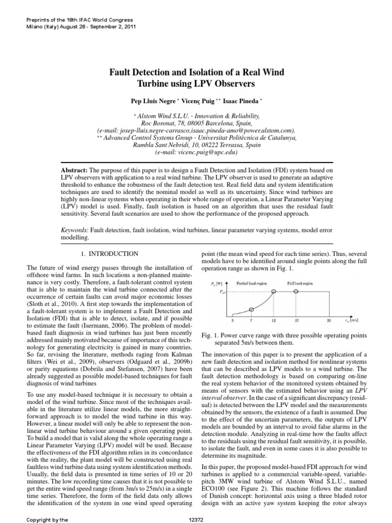 Fault Detection And Isolation Of A Real Wind Turbine Using Lpv Observers Pdf Wind Power