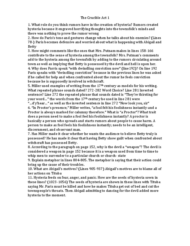 The Crucible Act 1 Questions | PDF