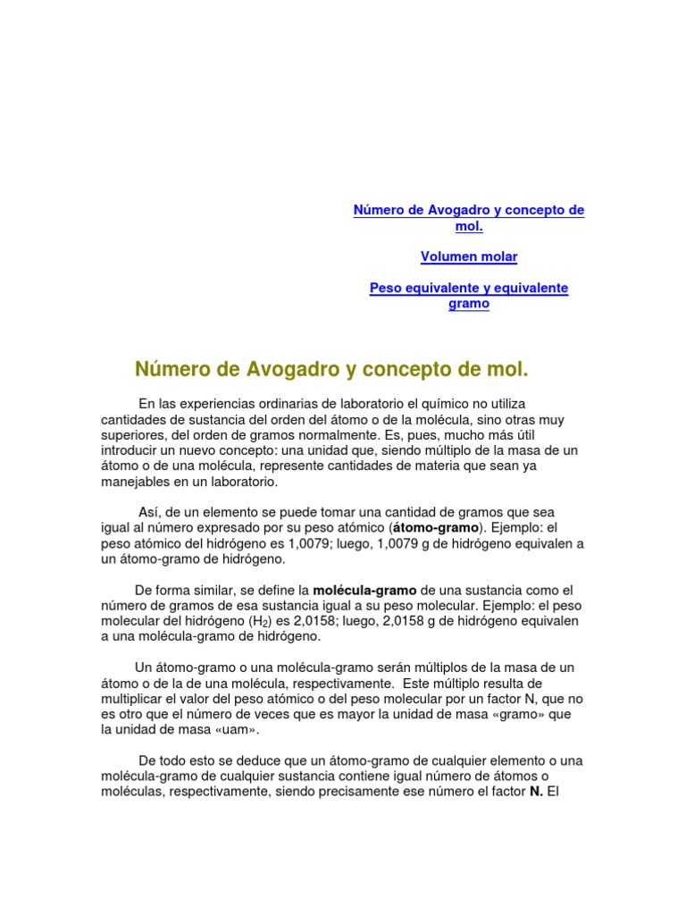 Número de Avogadro y Concepto de Mol | PDF | Mole (Unidad) | Gases