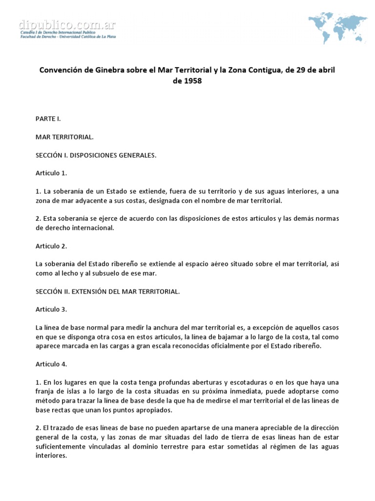 Convención Sobre El Mar Territorial y La Zona Contigua. Ginebra, 29 de ...