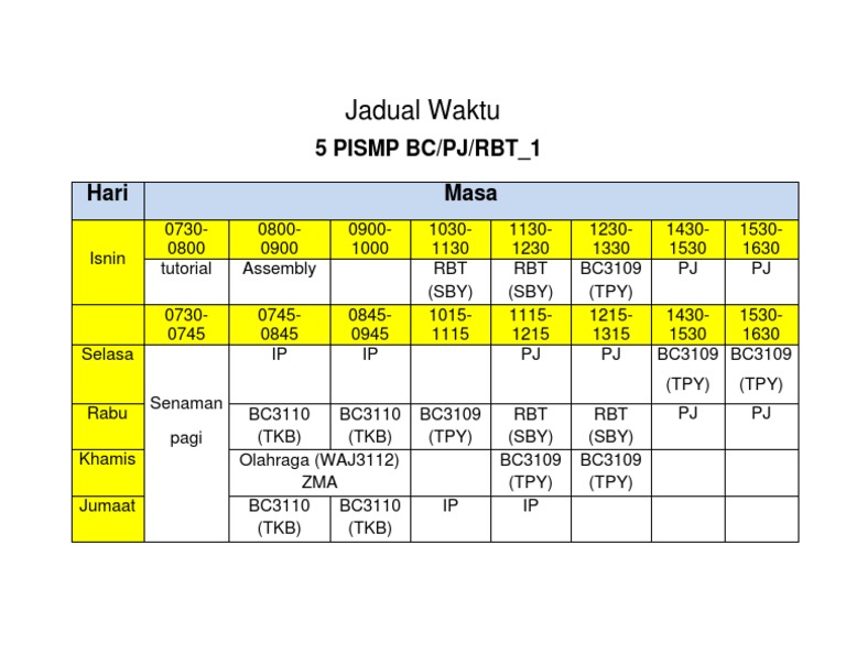 Jadual Waktu Kelas PISMP BC/PJ/RBT | PDF