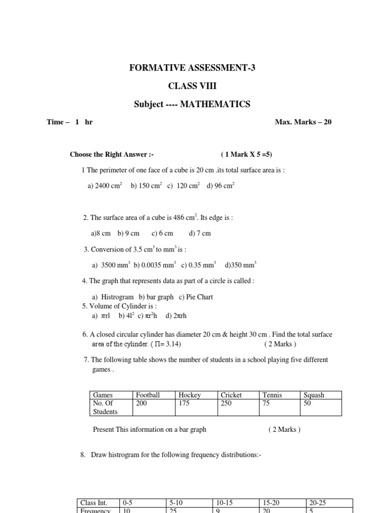 Class 8 Mathematics Formative Assessment | PDF