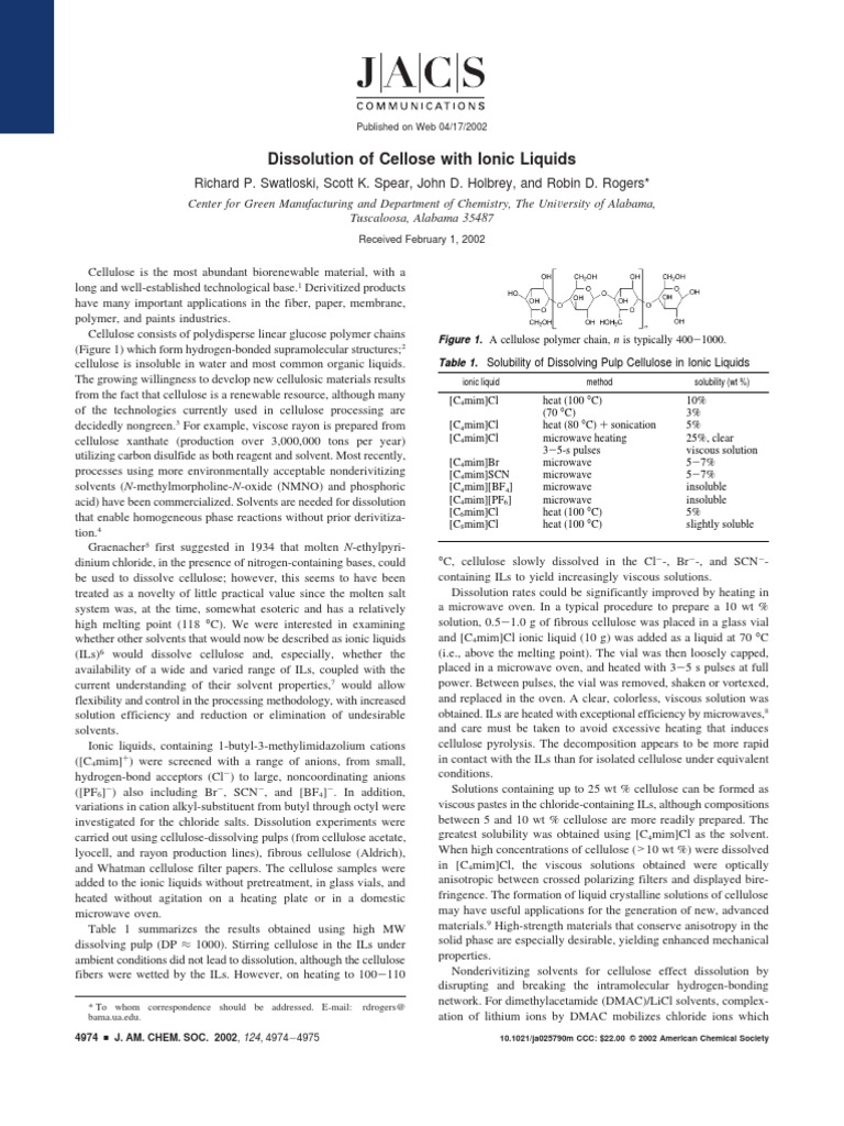 Dissolution of Cellulose With Ionic Liquids | PDF | Science & Mathematics