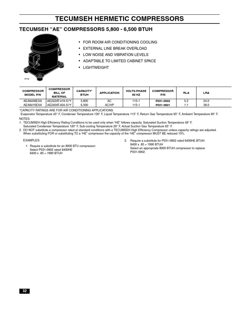 Tecumseh Compressor Specs