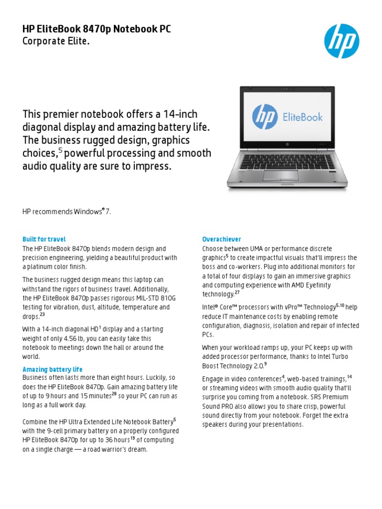 HP EliteBook 8470p Datasheet | PDF | Laptop | Personal Computers