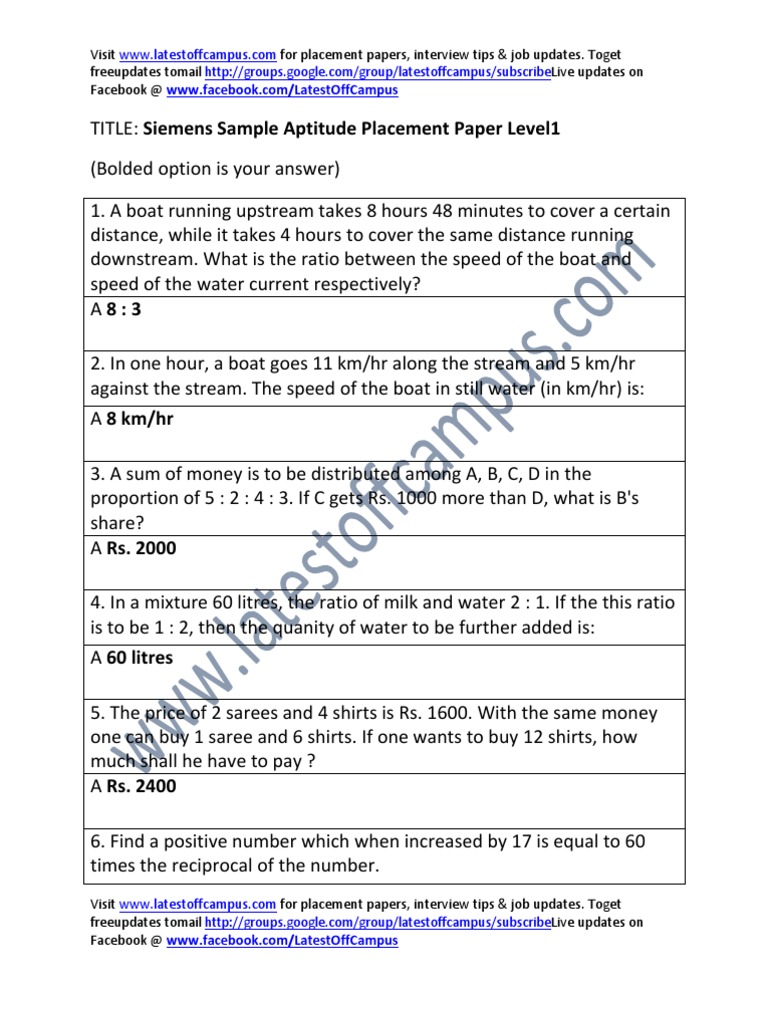 Siemens Sample Aptitude Placement Paper Level1 Pdf Investing Dividend 