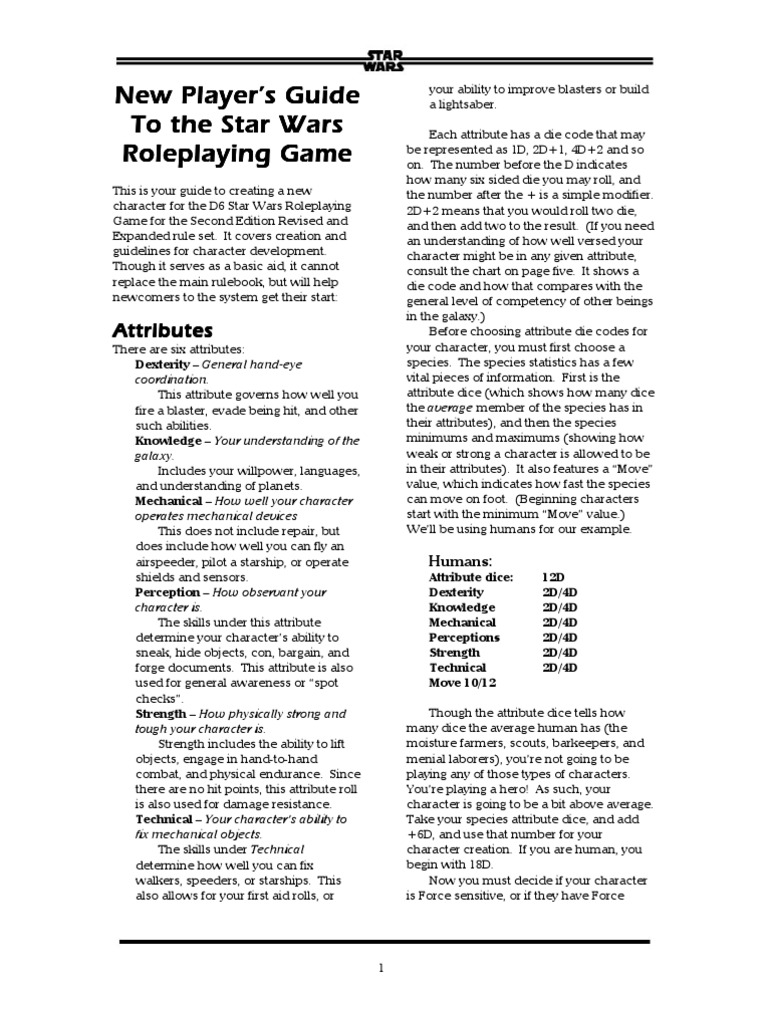New Player's Guide To The Star Wars Roleplaying Game | PDF | Dice | Gaming