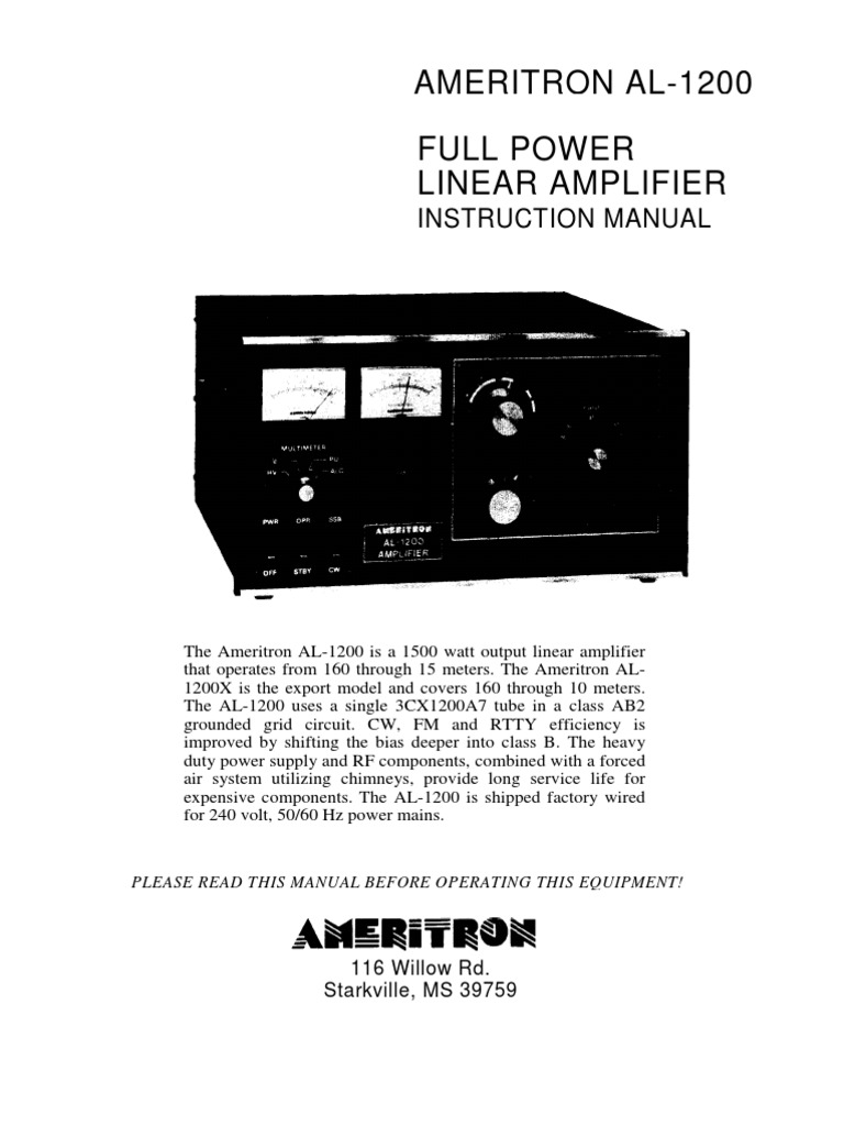 Ameritron Al 1200 User Manual | PDF | Amplifier | Vacuum Tube