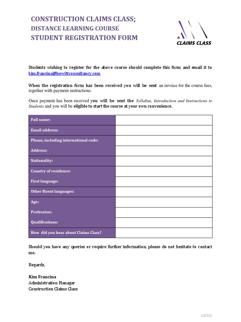 Construction Claims Class Student Registration Form: Distance Learning ...
