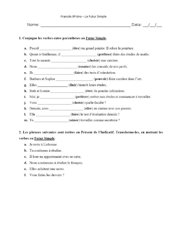 4 - Ficha Formativa - Le Futur Simple de L'indicatif | PDF