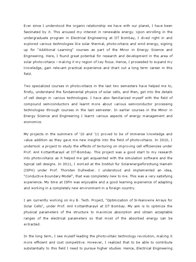 SOP | PDF | Photovoltaics | Solar Cell
