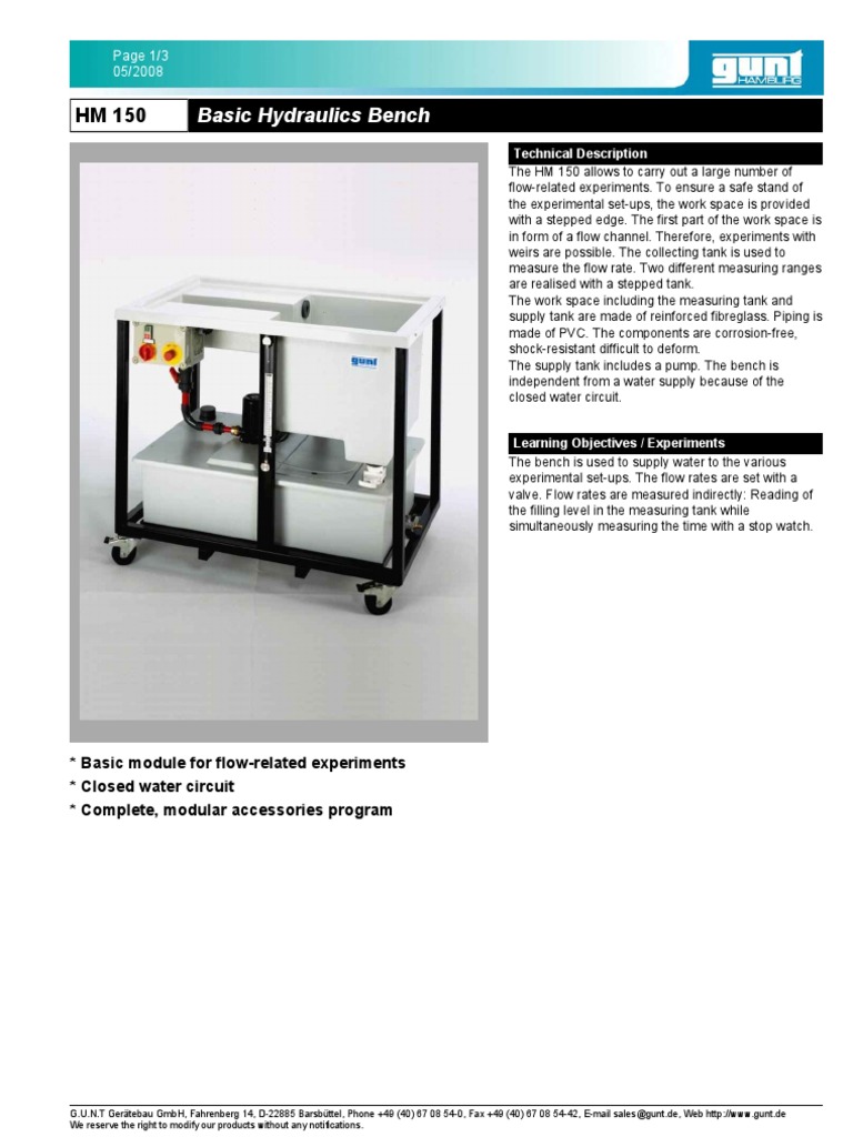 Basic Hydraulics Bench: Page 1/3 05/2008 | PDF | Flow Measurement | Pump