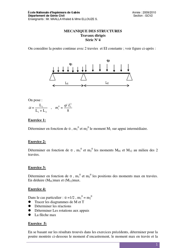 Mécanique des Structures : Travaux Dirigés et Exercices sur Poutres ...