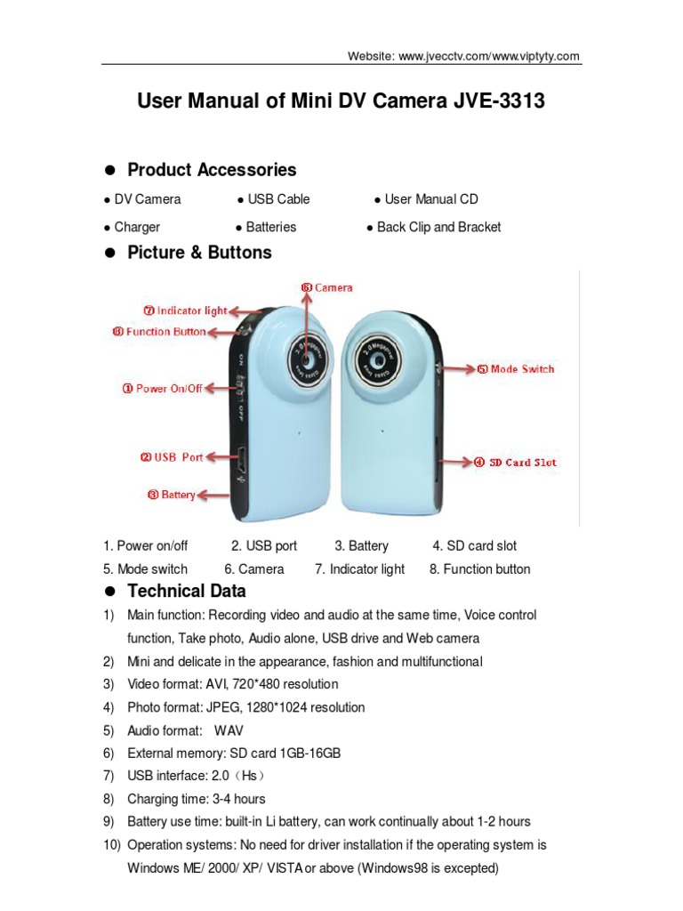 User Manual of Mini DV Camera JVE-3313: Product Accessories | PDF | Usb ...