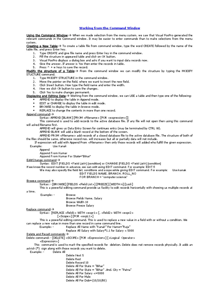 Command Line Database Management Using Visual FoxPro | PDF | Relational ...
