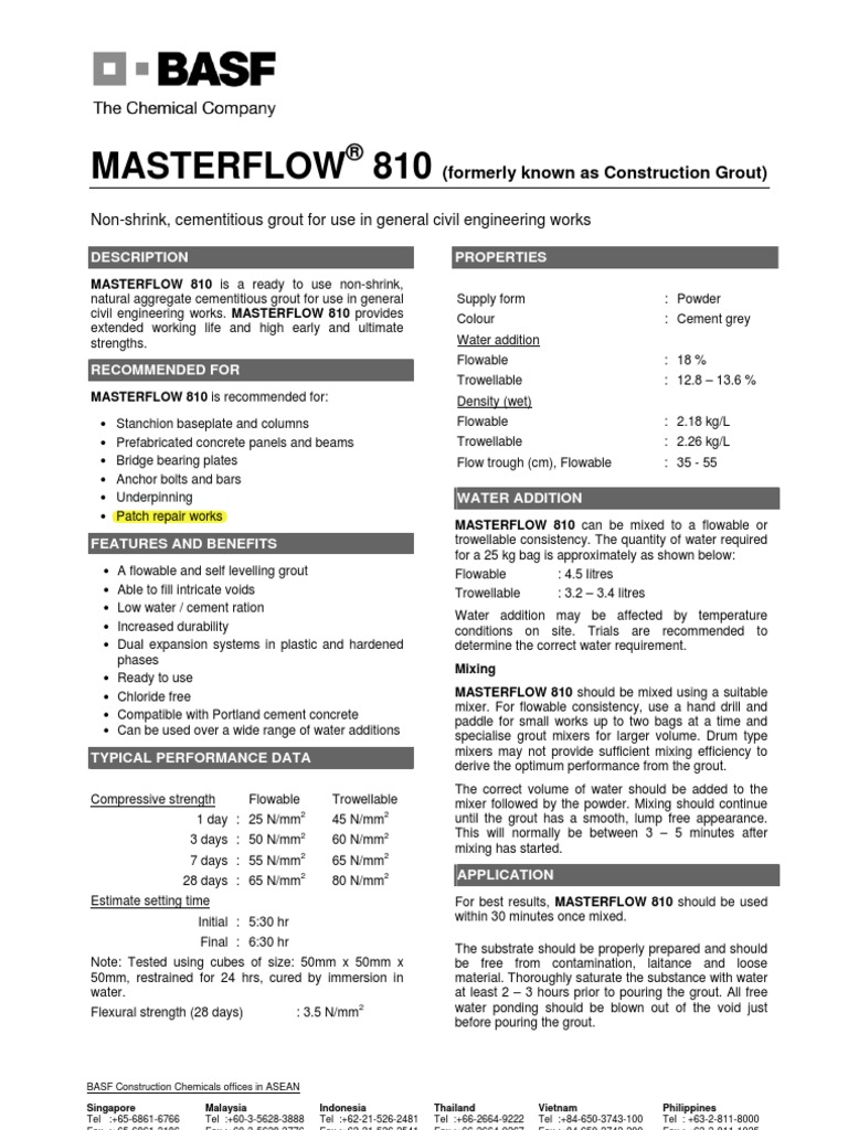 Masterflow 810 Brochure | PDF | Concrete | Industries