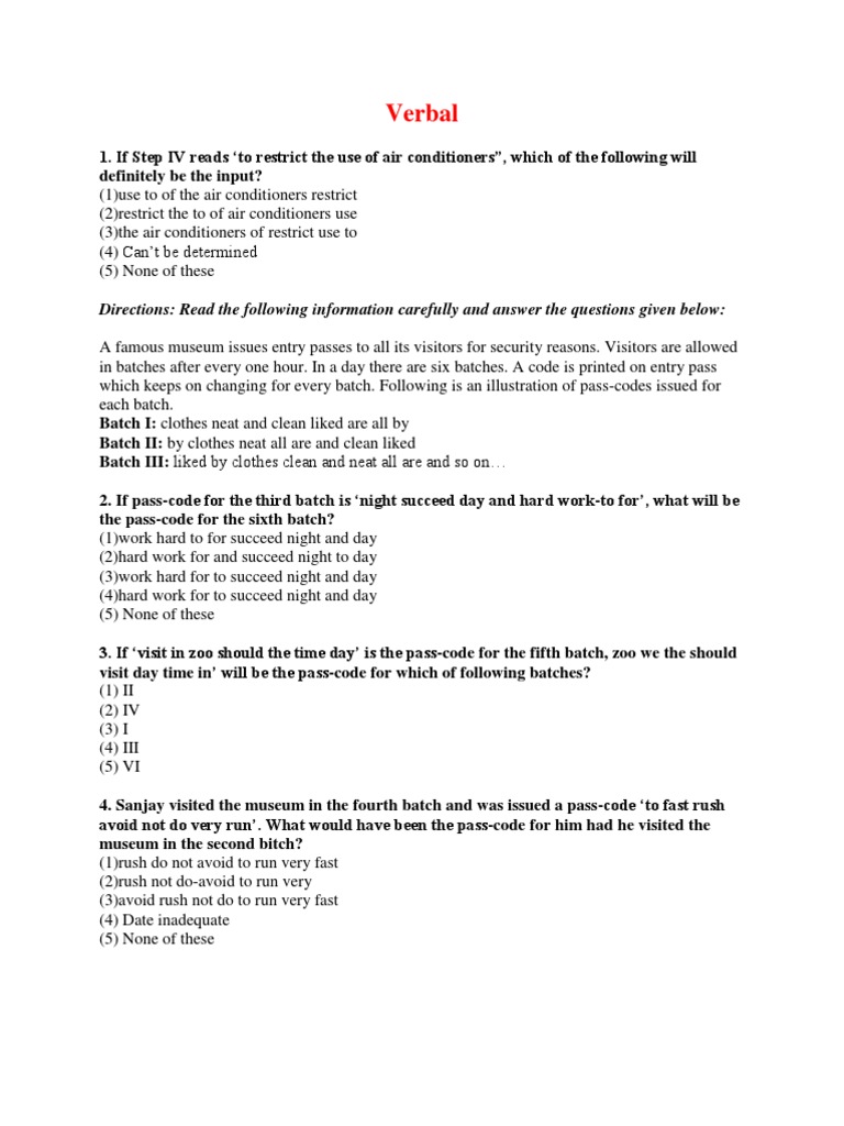 Verbal: Directions: Read The Following Information Carefully and Answer ...