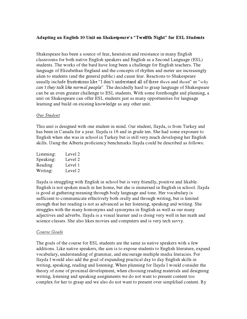 Unit Plan - Twelfth Night | PDF | Educational Assessment | English As A ...