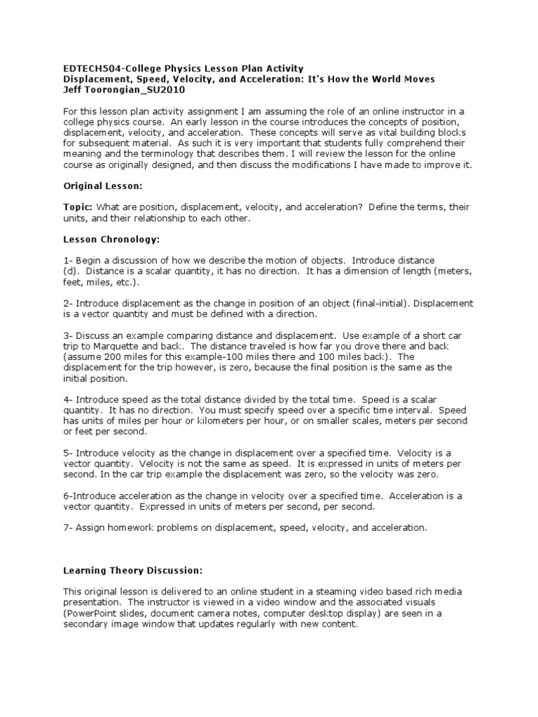 College Physics Lesson Plan Activity | PDF | Velocity | Acceleration