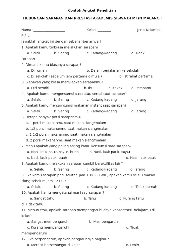 Contoh Kuesioner Penelitian Kuantitatif - Aneka Contoh
