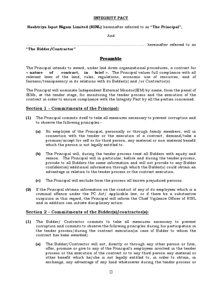 Integrity Pact | Law Of Agency | General Contractor