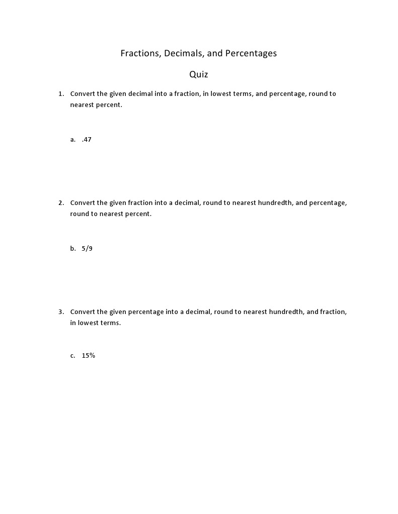 Fractions, Decimals, Percentages Quiz | PDF