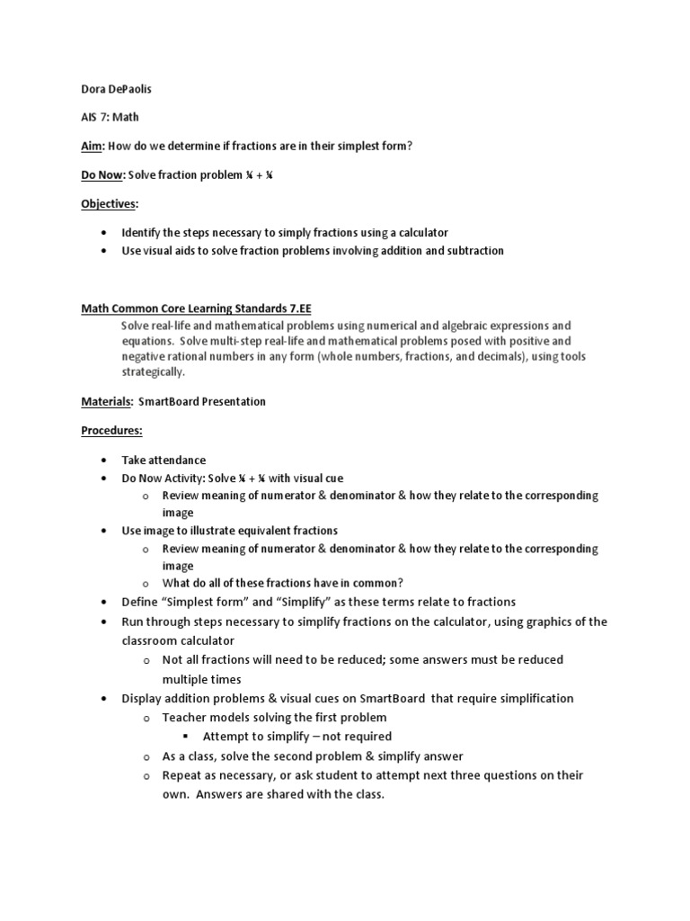 Simplifying Fractions Lesson Plan | PDF | Career & Growth | Teaching ...