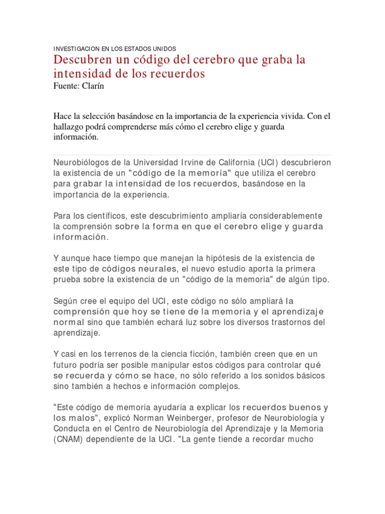 Código Del Cerebro | PDF | Memoria | Cerebro