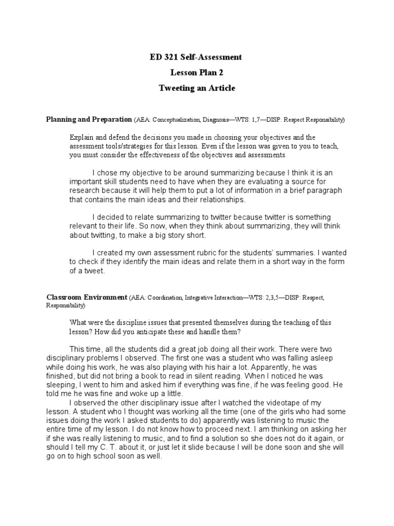 ED 321 Self-Assessment Lesson Plan 2 Tweeting An Article: Planning and ...