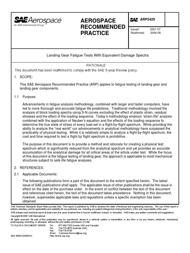 SAE ARP 5429-2001 (R2006) Landing Gear Fatigue Tests With Equivalent ...