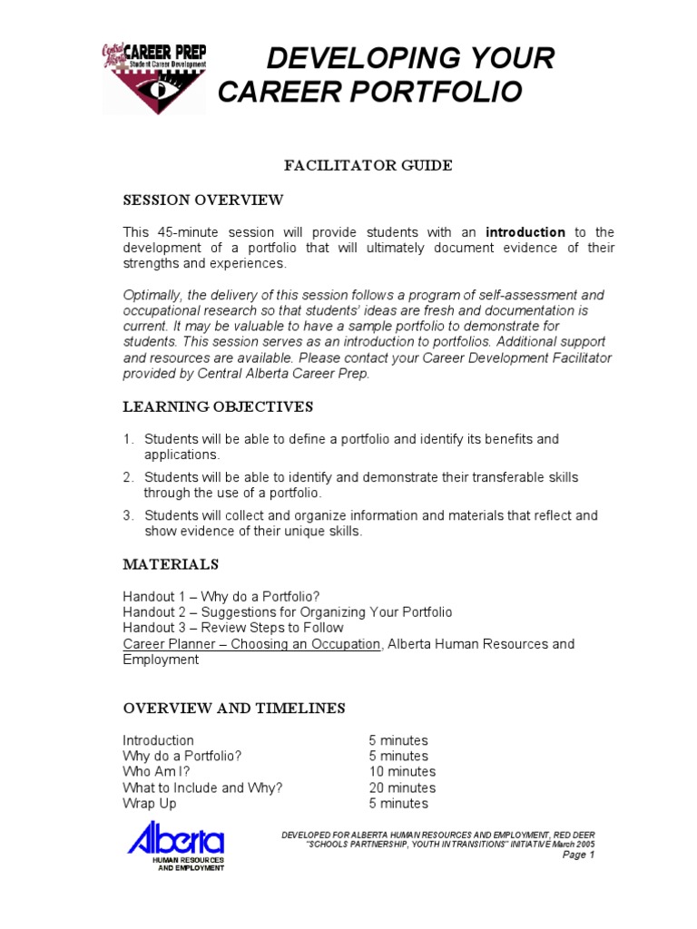 Developing Your Career Portfolio: Facilitator Guide Session Overview ...