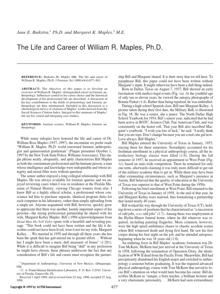 Bio William Maples by Buikstra PDF | PDF | Anthropology | Forensic Science