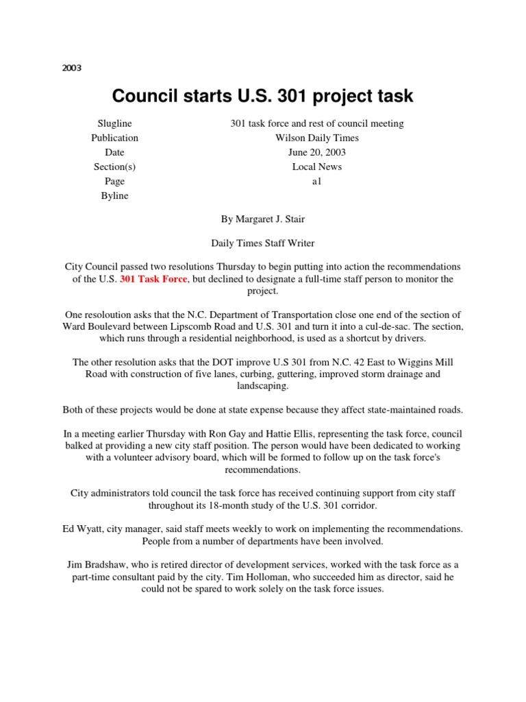 Council Starts U.S. 301 Project Task | PDF | Government